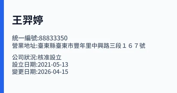 王羿婷的照片-統編 88833350(臺東縣) 公司登記資料與營業項目詳細圖表