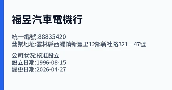 福昱汽車電機行的照片-統編 88835420(雲林縣) 公司登記資料與營業項目詳細圖表