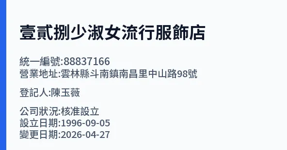 壹貳捌少淑女流行服飾店的照片-統編 88837166(雲林縣) 公司登記資料與營業項目詳細圖表