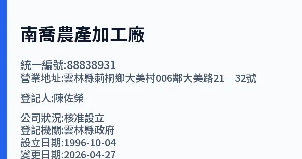 南喬農產加工廠的照片-統編 88838931(雲林縣) 公司登記資料與營業項目詳細圖表