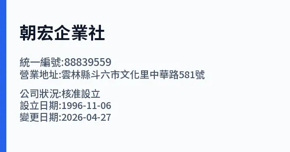 朝宏企業社的照片-統編 88839559(雲林縣) 公司登記資料與營業項目詳細圖表