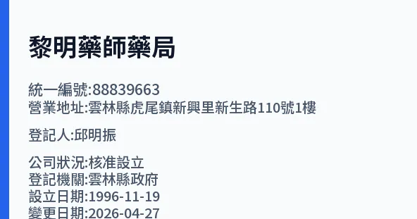 黎明藥師藥局的照片-統編 88839663(雲林縣) 公司登記資料與營業項目詳細圖表