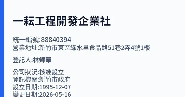一耘工程開發企業社的照片-統編 88840394(新竹市) 公司登記資料與營業項目詳細圖表