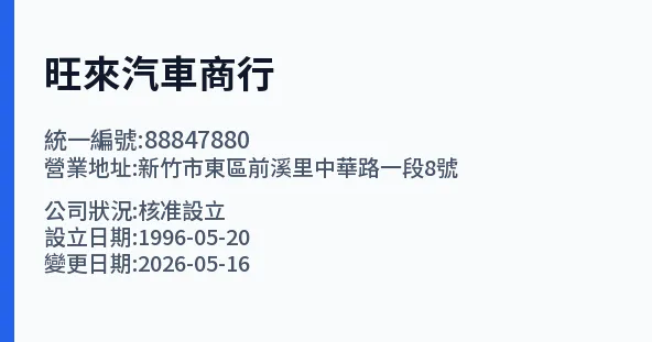 旺來汽車商行的照片-統編 88847880(新竹市) 公司登記資料與營業項目詳細圖表