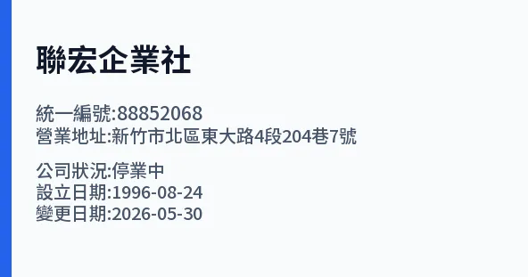 聯宏企業社的照片-統編 88852068(新竹市) 公司登記資料與營業項目詳細圖表