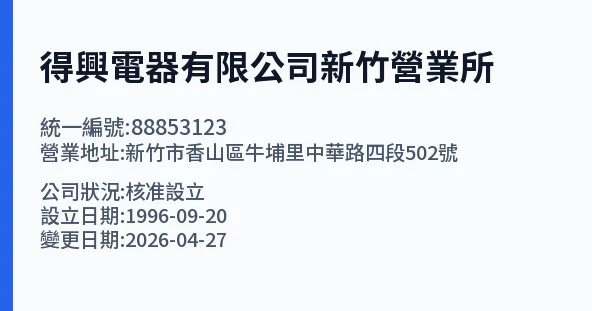 得興電器有限公司新竹營業所的照片-統編 88853123(新竹市) 公司登記資料與營業項目詳細圖表