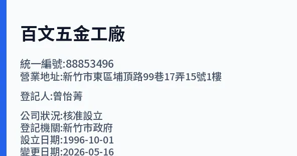 百文五金工廠的照片-統編 88853496(新竹市) 公司登記資料與營業項目詳細圖表