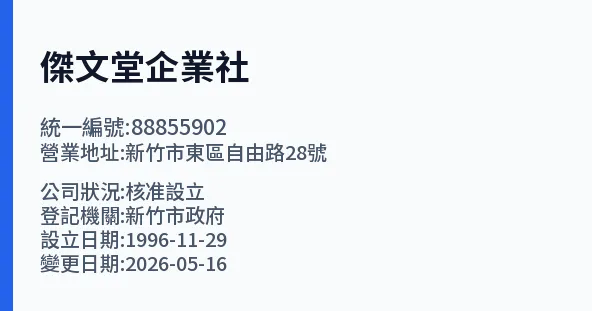 傑文堂企業社的照片-統編 88855902(新竹市) 公司登記資料與營業項目詳細圖表
