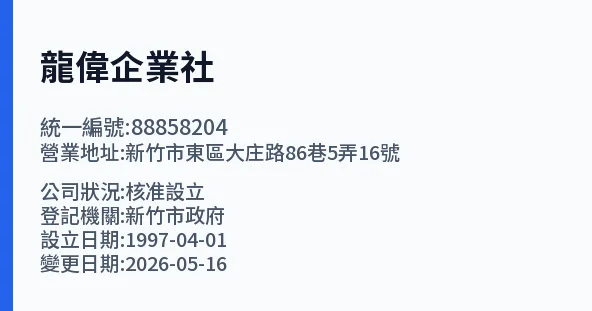 龍偉企業社的照片-統編 88858204(新竹市) 公司登記資料與營業項目詳細圖表