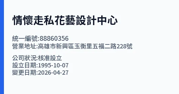 情懷走私花藝設計中心的照片-統編 88860356(高雄市) 公司登記資料與營業項目詳細圖表