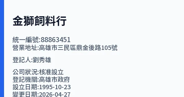 金獅飼料行的照片-統編 88863451(高雄市) 公司登記資料與營業項目詳細圖表