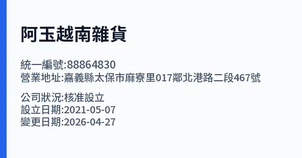 阿玉越南雜貨的照片-統編 88864830(嘉義縣) 公司登記資料與營業項目詳細圖表