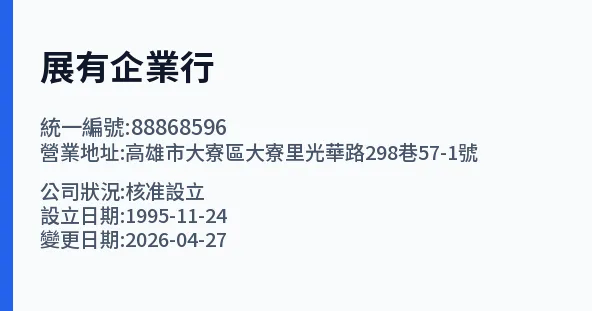 展有企業行的照片-統編 88868596(高雄市) 公司登記資料與營業項目詳細圖表