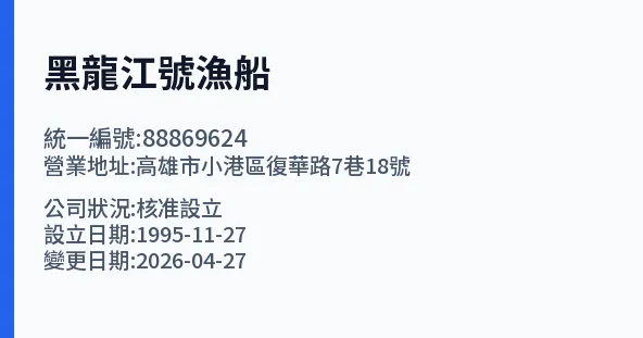 黑龍江號漁船的照片-統編 88869624(高雄市) 公司登記資料與營業項目詳細圖表