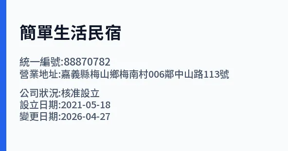 簡單生活民宿的照片-統編 88870782(嘉義縣) 公司登記資料與營業項目詳細圖表