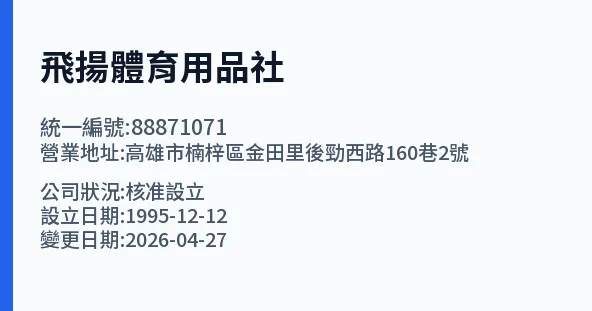 飛揚體育用品社的照片-統編 88871071(高雄市) 公司登記資料與營業項目詳細圖表
