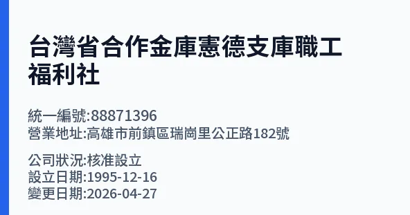 台灣省合作金庫憲德支庫職工福利社的照片-統編 88871396(高雄市) 公司登記資料與營業項目詳細圖表