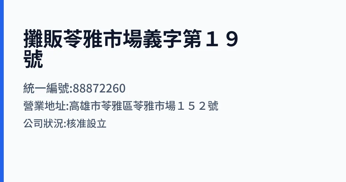 攤販苓雅市場義字第１９號 - 統編 88872260(高雄市) 公司登記資料與營業項目詳細圖表