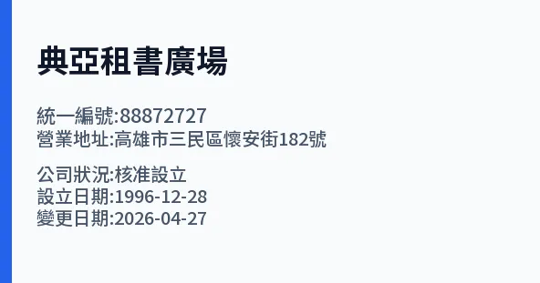 典亞租書廣場的照片-統編 88872727(高雄市) 公司登記資料與營業項目詳細圖表