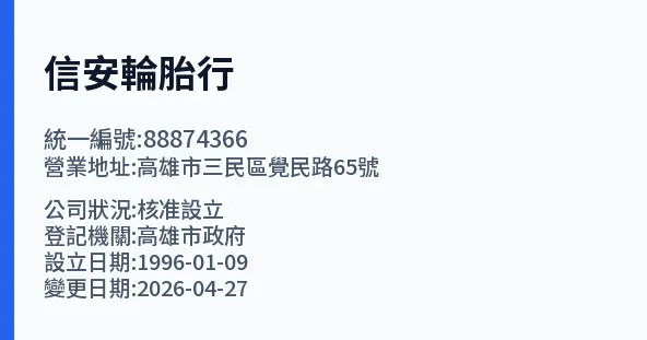 信安輪胎行的照片-統編 88874366(高雄市) 公司登記資料與營業項目詳細圖表