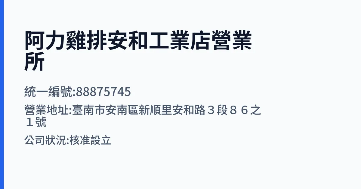 阿力雞排安和工業店營業所 - 統編 88875745(臺南市) 公司登記資料與營業項目詳細圖表