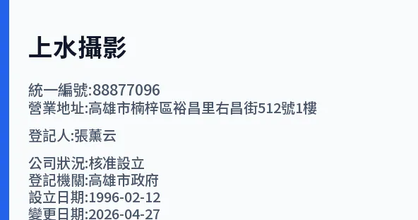 上水攝影的照片-統編 88877096(高雄市) 公司登記資料與營業項目詳細圖表