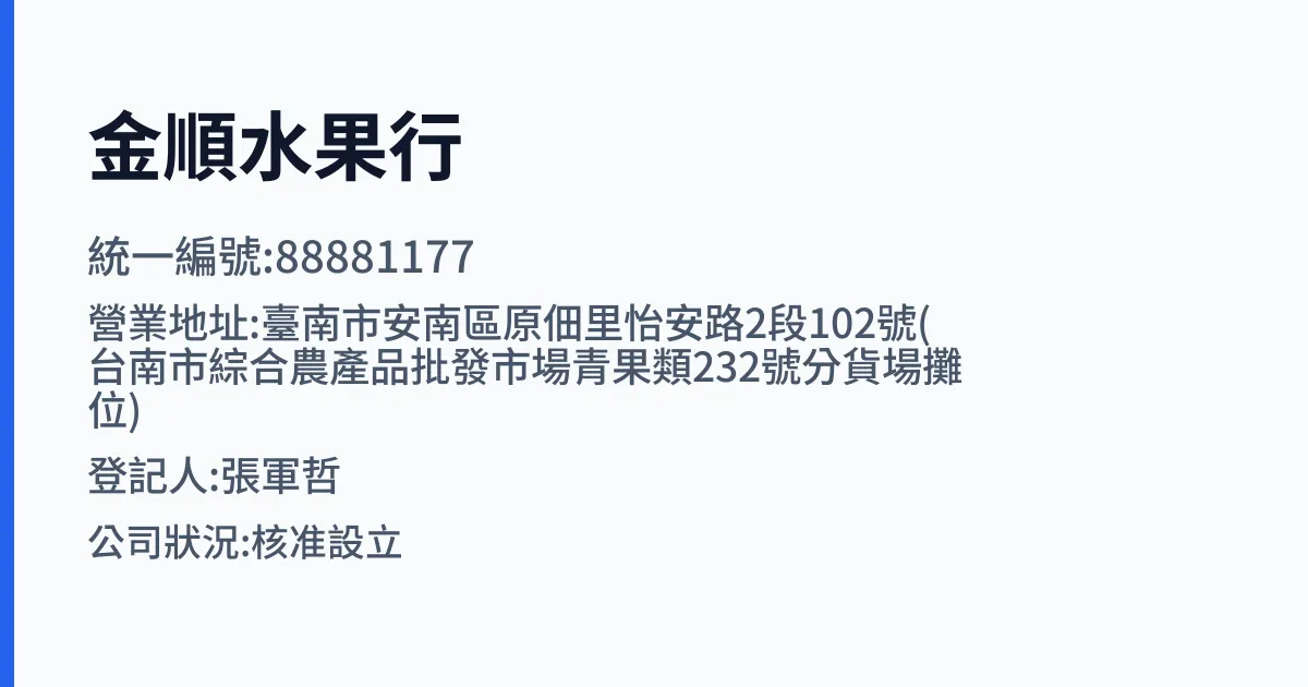 金順水果行 - 統編 88881177(臺南市) 公司登記資料與營業項目詳細圖表