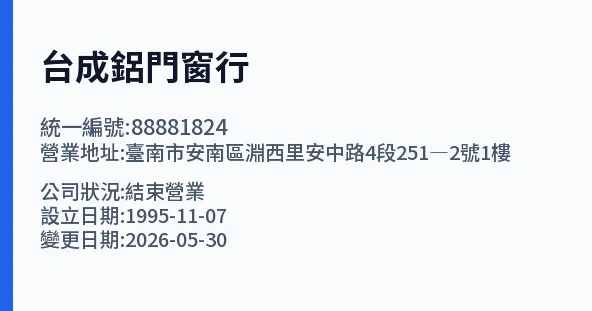 台成鋁門窗行的照片-統編 88881824(臺南市) 公司登記資料與營業項目詳細圖表