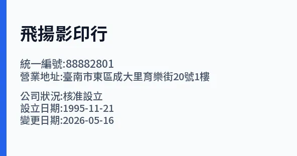 飛揚影印行的照片-統編 88882801(臺南市) 公司登記資料與營業項目詳細圖表