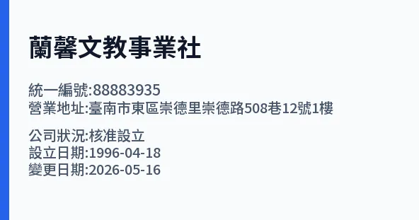 蘭馨文教事業社的照片-統編 88883935(臺南市) 公司登記資料與營業項目詳細圖表