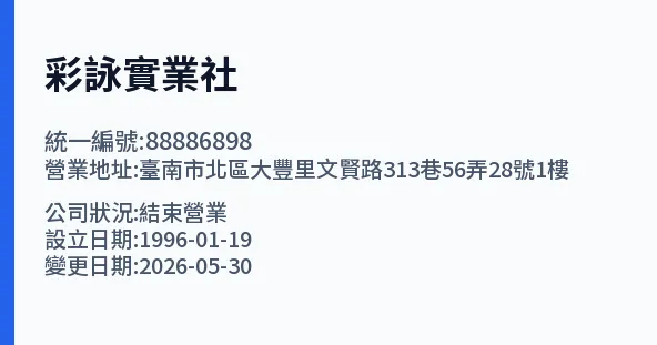 彩詠實業社的照片-統編 88886898(臺南市) 公司登記資料與營業項目詳細圖表