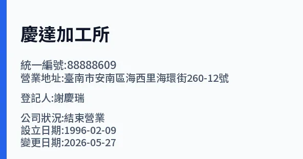 慶達加工所的照片-統編 88888609(臺南市) 公司登記資料與營業項目詳細圖表