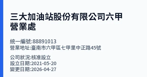 三大加油站股份有限公司六甲營業處的照片-統編 88891013(臺南市) 公司登記資料與營業項目詳細圖表