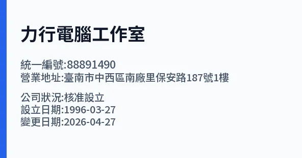力行電腦工作室的照片-統編 88891490(臺南市) 公司登記資料與營業項目詳細圖表