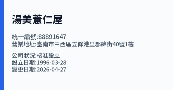 湯美薏仁屋的照片-統編 88891647(臺南市) 公司登記資料與營業項目詳細圖表