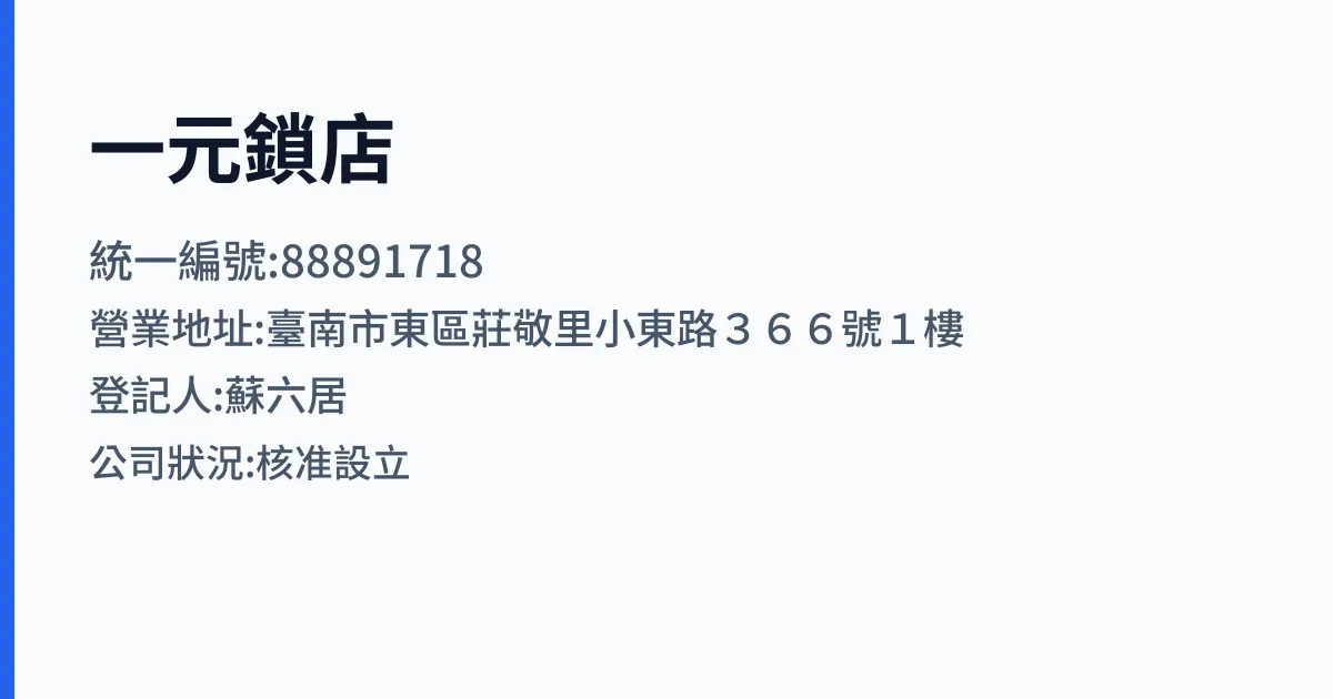 一元鎖店 - 統編 88891718(臺南市) 公司登記資料與營業項目詳細圖表