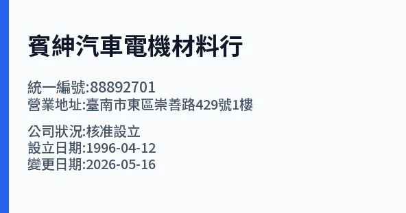 賓紳汽車電機材料行的照片-統編 88892701(臺南市) 公司登記資料與營業項目詳細圖表