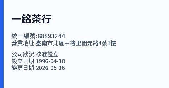一銘茶行的照片-統編 88893244(臺南市) 公司登記資料與營業項目詳細圖表
