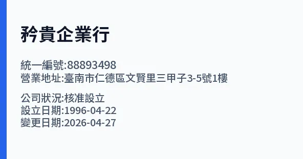 矜貴企業行的照片-統編 88893498(臺南市) 公司登記資料與營業項目詳細圖表
