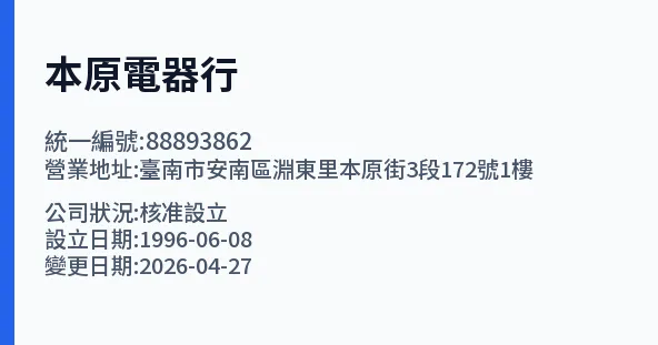 本原電器行的照片-統編 88893862(臺南市) 公司登記資料與營業項目詳細圖表