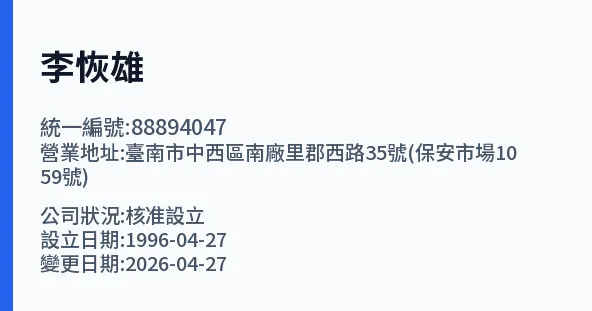 李恢雄的照片-統編 88894047(臺南市) 公司登記資料與營業項目詳細圖表