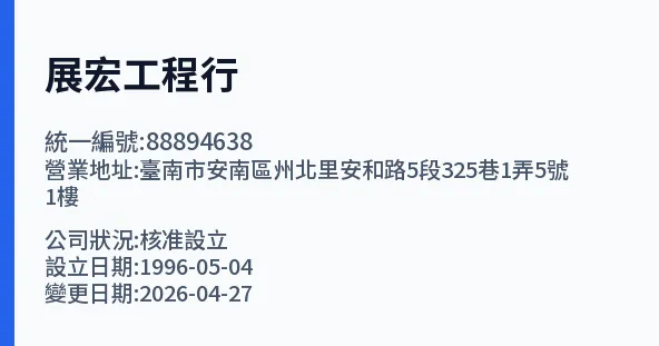 展宏工程行的照片-統編 88894638(臺南市) 公司登記資料與營業項目詳細圖表
