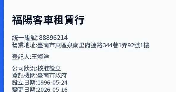 福陽客車租賃行的照片-統編 88896214(臺南市) 公司登記資料與營業項目詳細圖表