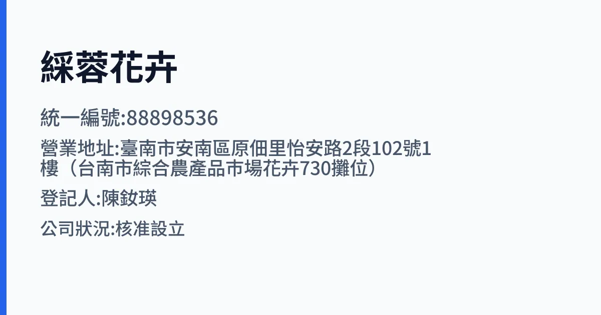 綵蓉花卉 - 統編 88898536(臺南市) 公司登記資料與營業項目詳細圖表