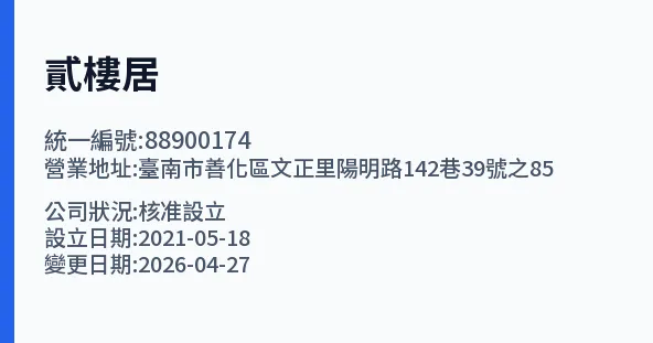 貳樓居的照片-統編 88900174(臺南市) 公司登記資料與營業項目詳細圖表