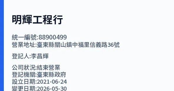 明輝工程行的照片-統編 88900499(臺東縣) 公司登記資料與營業項目詳細圖表