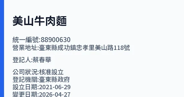 美山牛肉麵的照片-統編 88900630(臺東縣) 公司登記資料與營業項目詳細圖表