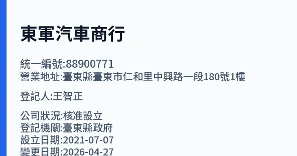 東軍汽車商行的照片-統編 88900771(臺東縣) 公司登記資料與營業項目詳細圖表