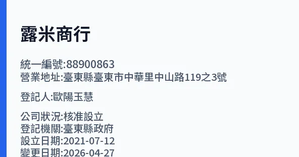 露米商行的照片-統編 88900863(臺東縣) 公司登記資料與營業項目詳細圖表