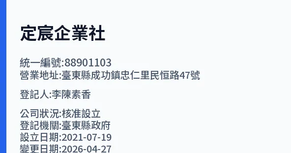 定宸企業社的照片-統編 88901103(臺東縣) 公司登記資料與營業項目詳細圖表
